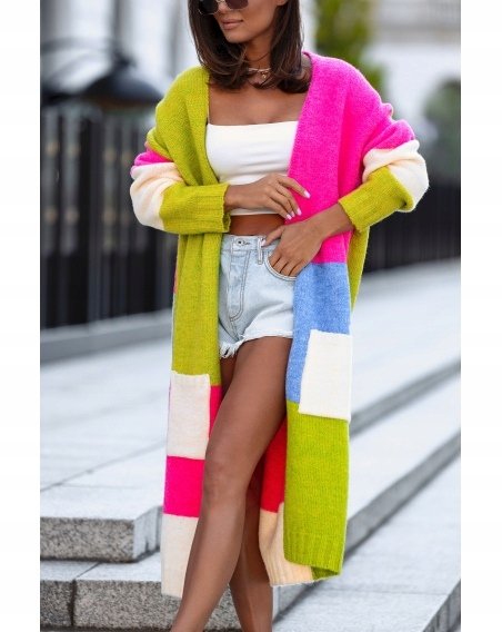 Długi Kardigan Sweter Royal Color Block Wełna Maxi Polski Kieszenie ...