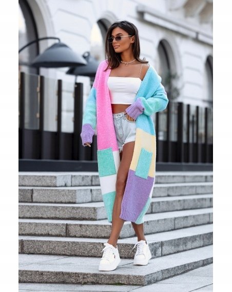 Długi Kardigan Sweter Royal Pastelowy Color Block Wełna Maxi Polski ...