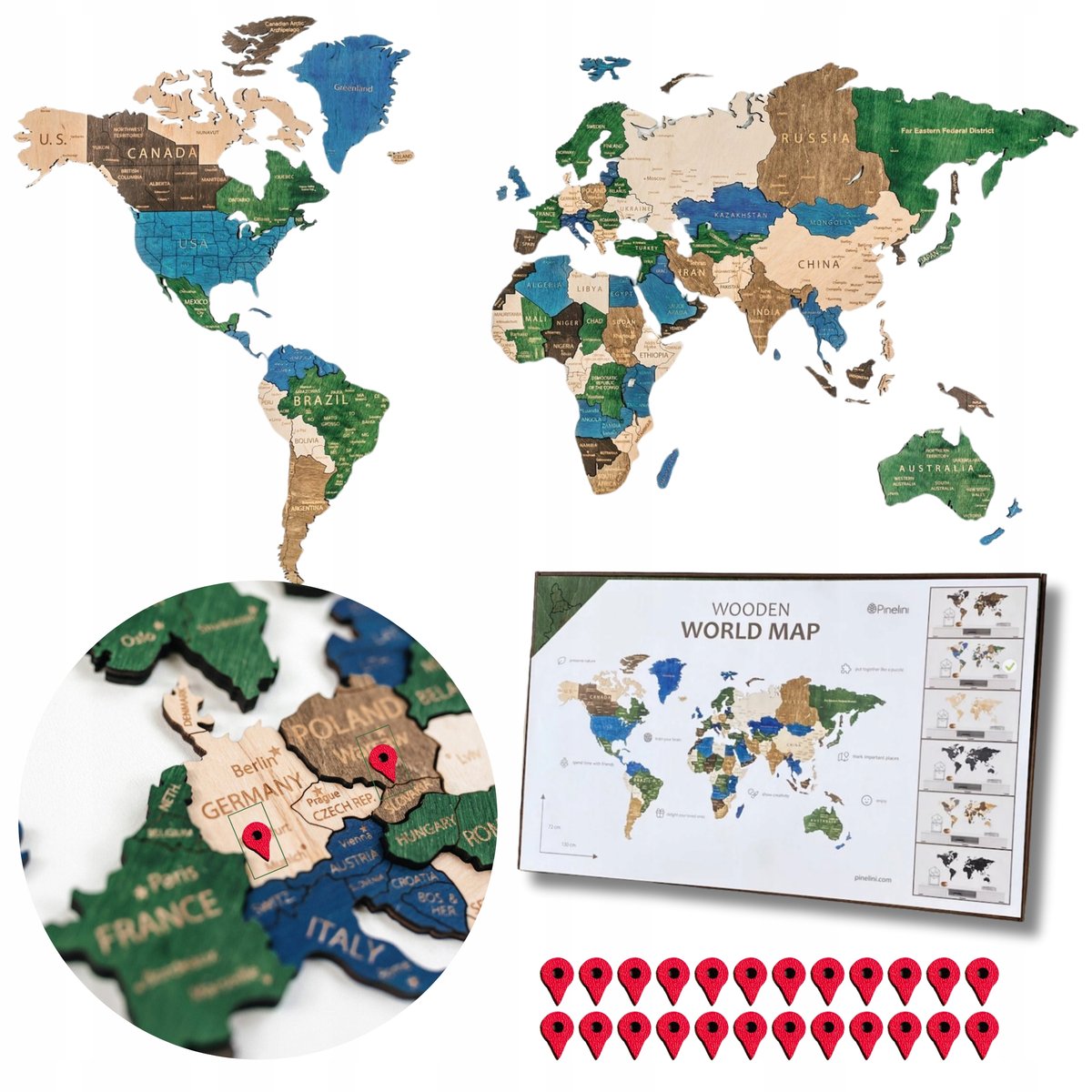 Drewniana Mapa Świata na Ścianę 3D 105x60cm z 36 Pinami Samoprzylepnymi ...