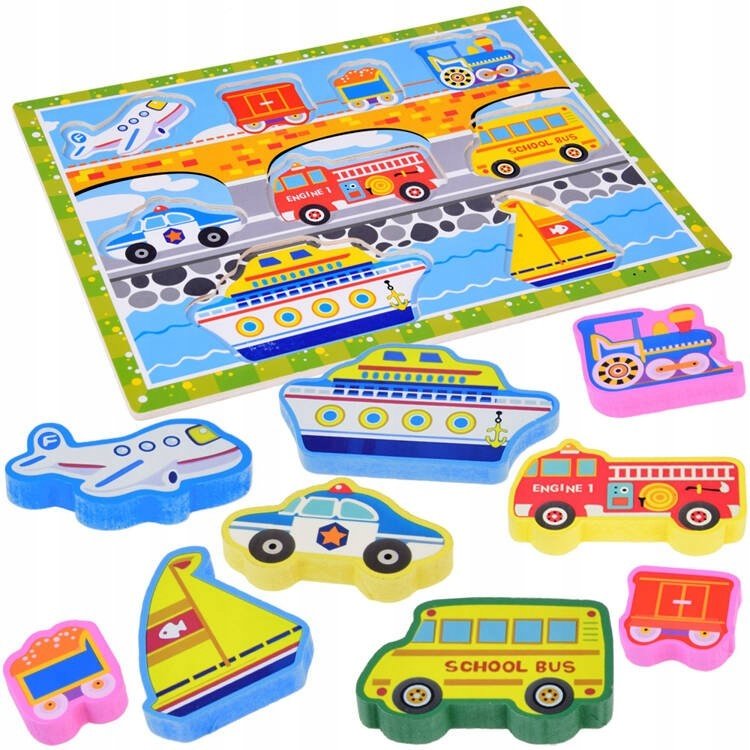 Drewniana układanka puzzle transport pojazdy 9ele dopasuj kształty ...