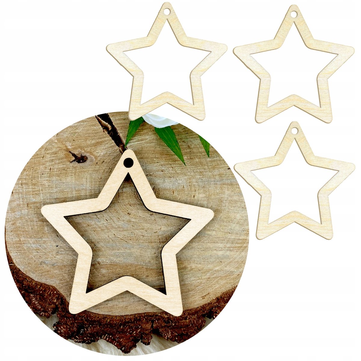 Drewniane GWIAZDKI sklejka decoupage makrama CHOINKA bombki 10cm - 3szt ...