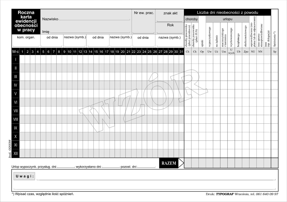 DRUK TYPOGRAF 02038 ROCZNA KARTA OBECNOŚCI W PRACY - Typograf | Sklep ...