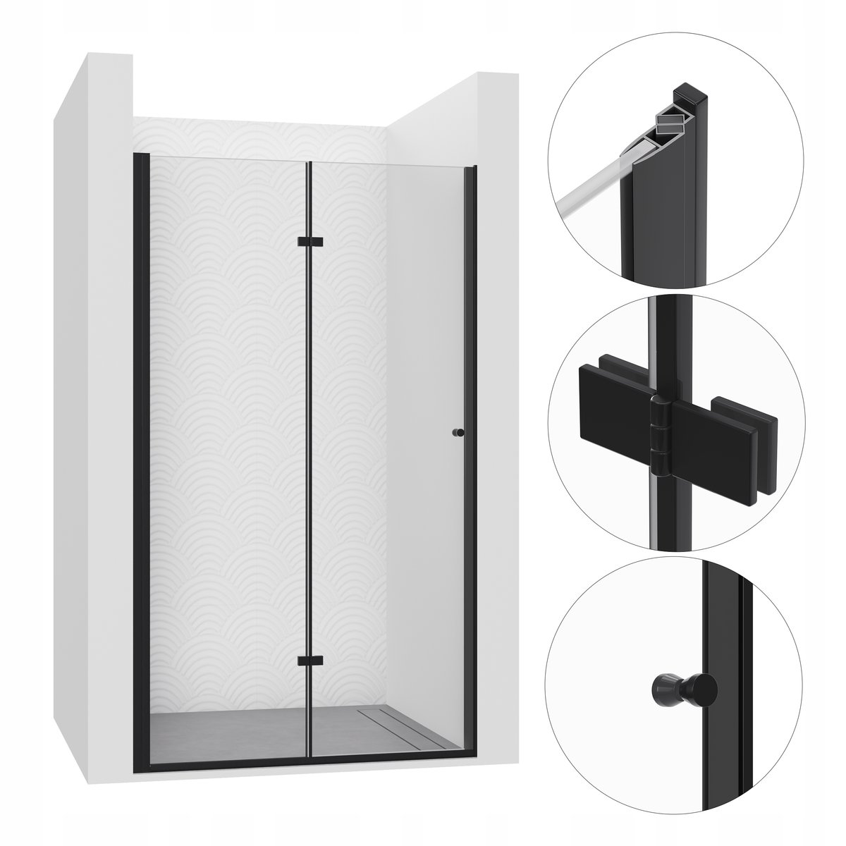 DRZWI PRYSZNICOWE WNĘKOWE SKŁADANE 75CM BLACK KABINA WALK-IN SZYBA ...