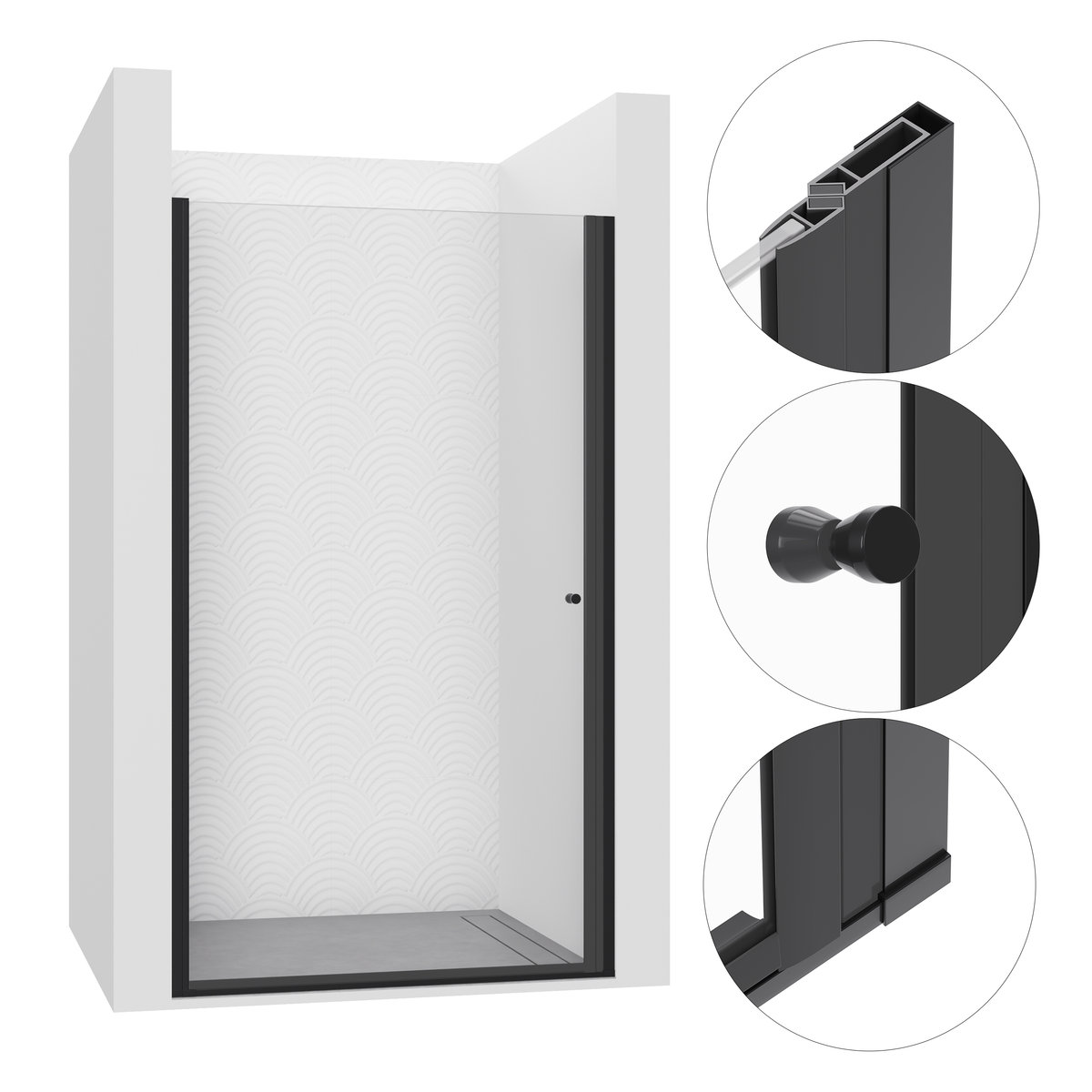 DRZWI PRYSZNICOWE WNĘKOWE UCHYLNE 90 CM BLACK KABINA WALK-IN SZYBA ...