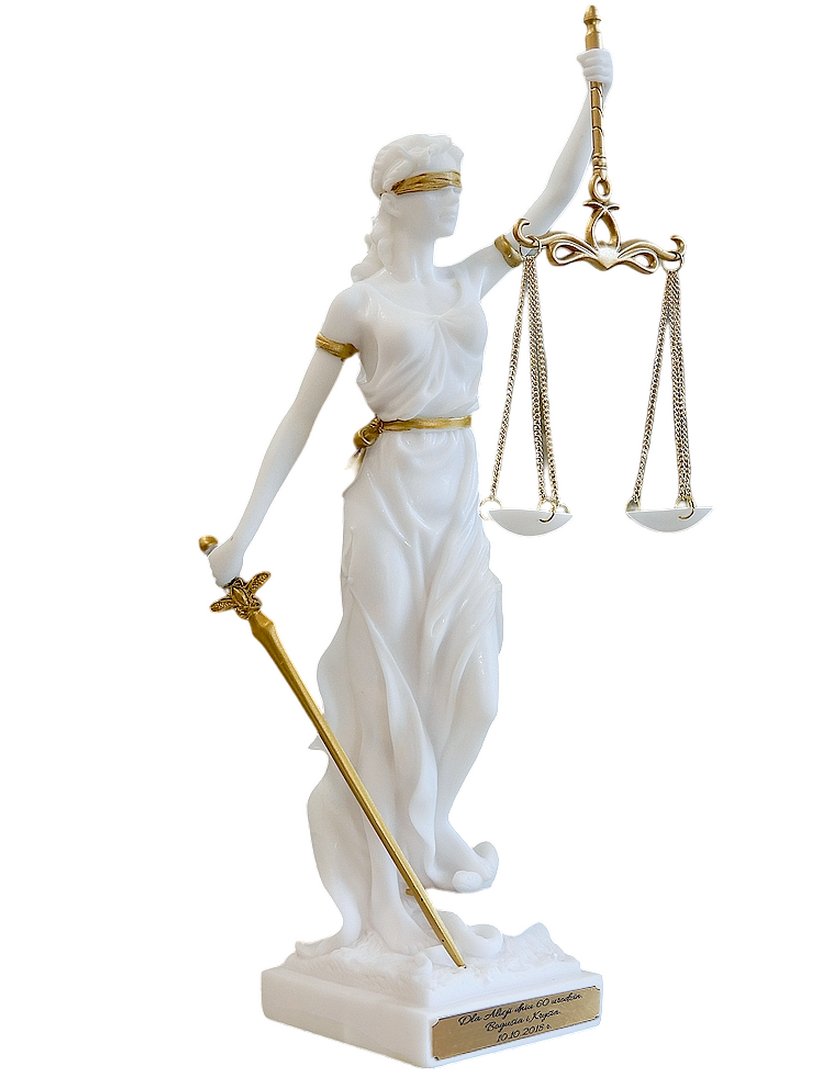 DUŻA PIĘKNA BIAŁA FIGURKA TEMIDA Z WAGĄ I MIECZEM PREZENT DLA MECENASA ...