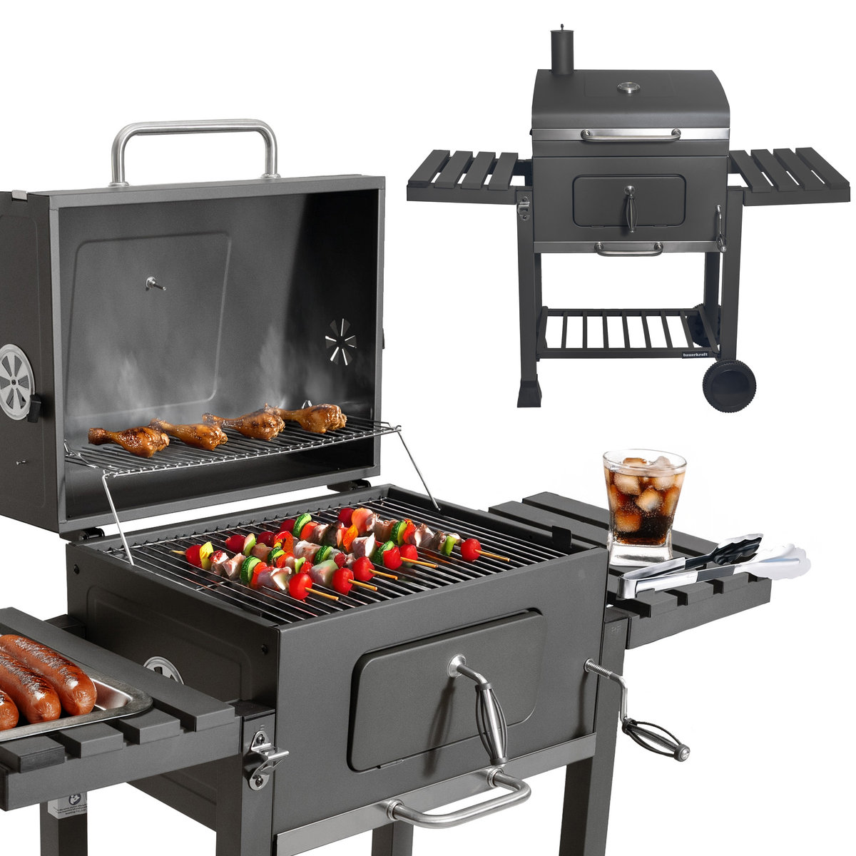 Duży grill węglowy ogrodowy ruszt z pokrywą popielnik termometr ...