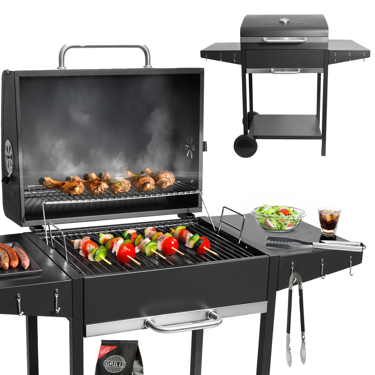 Duży grill węglowy ogrodowy ruszt z pokrywą szuflada na popiół ...