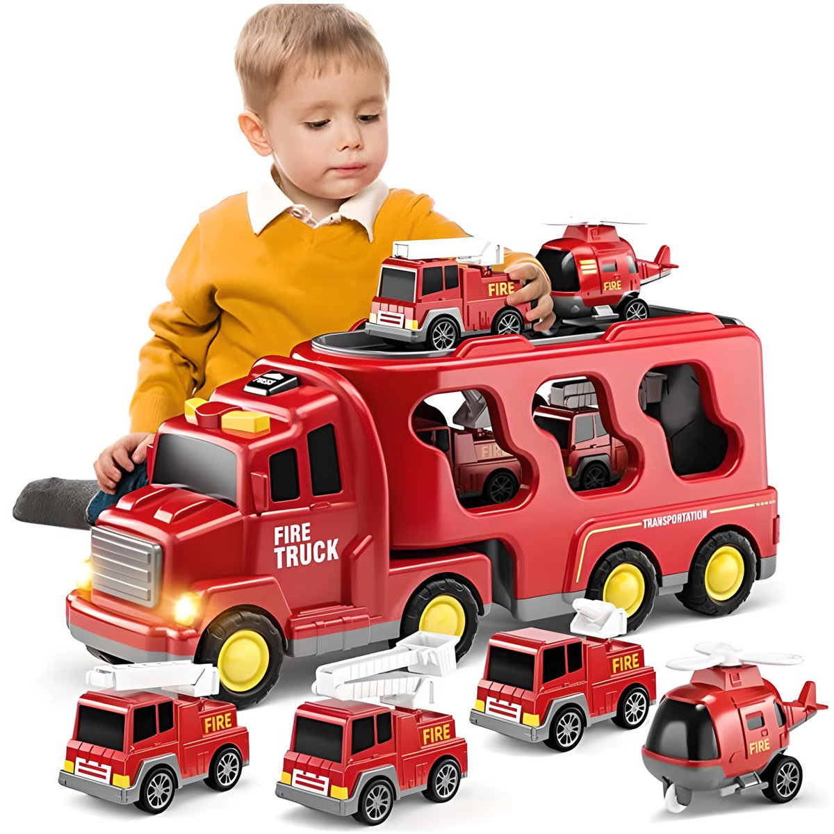 DUŻY ZESTAW SAMOCHODÓW wóz strażacki 7W1 AUTKA zabawka dla dzieci MUZYKA PL + 4 samochody - Inna ...
