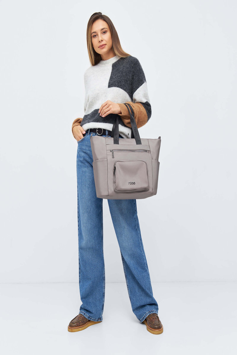 Dwukomorowa, duża shopperka Nobo z kieszeniami, stalowa - Nobo | Moda Sklep EMPIK.COM