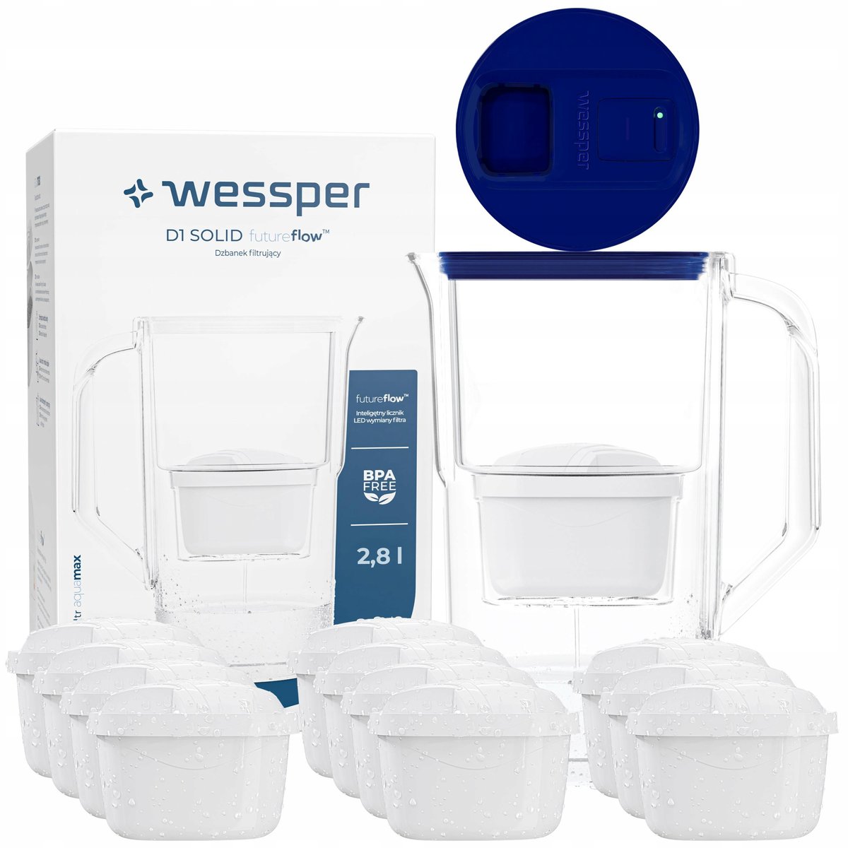 Dzbanek filtrujący Wessper D1 SOLID FutureFlow 2,8l niebieski + 12x ...