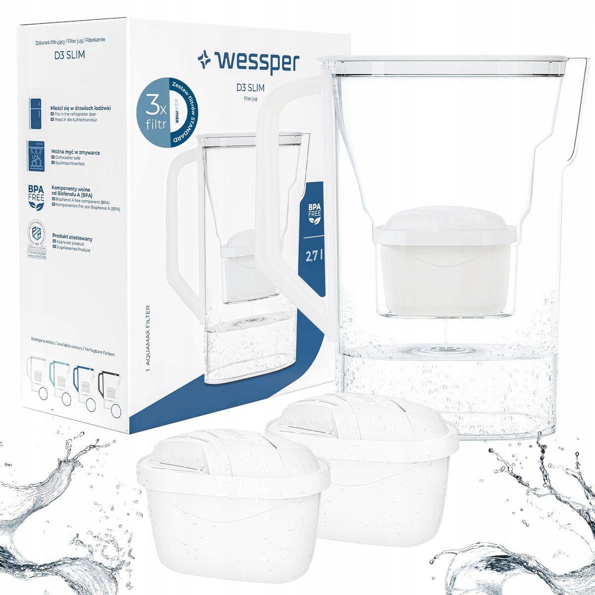 Dzbanek filtrujący Wessper D3 Slim Aquamax 2,7l - zestaw 3x filtr do ...
