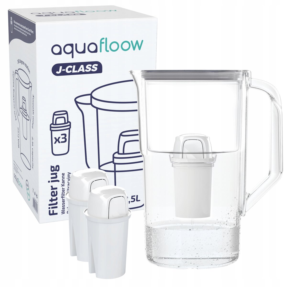 Dzbanek filtrujący z tworzywa AquaFloow J-CLASS 2,5l szary + 3x filtr ...