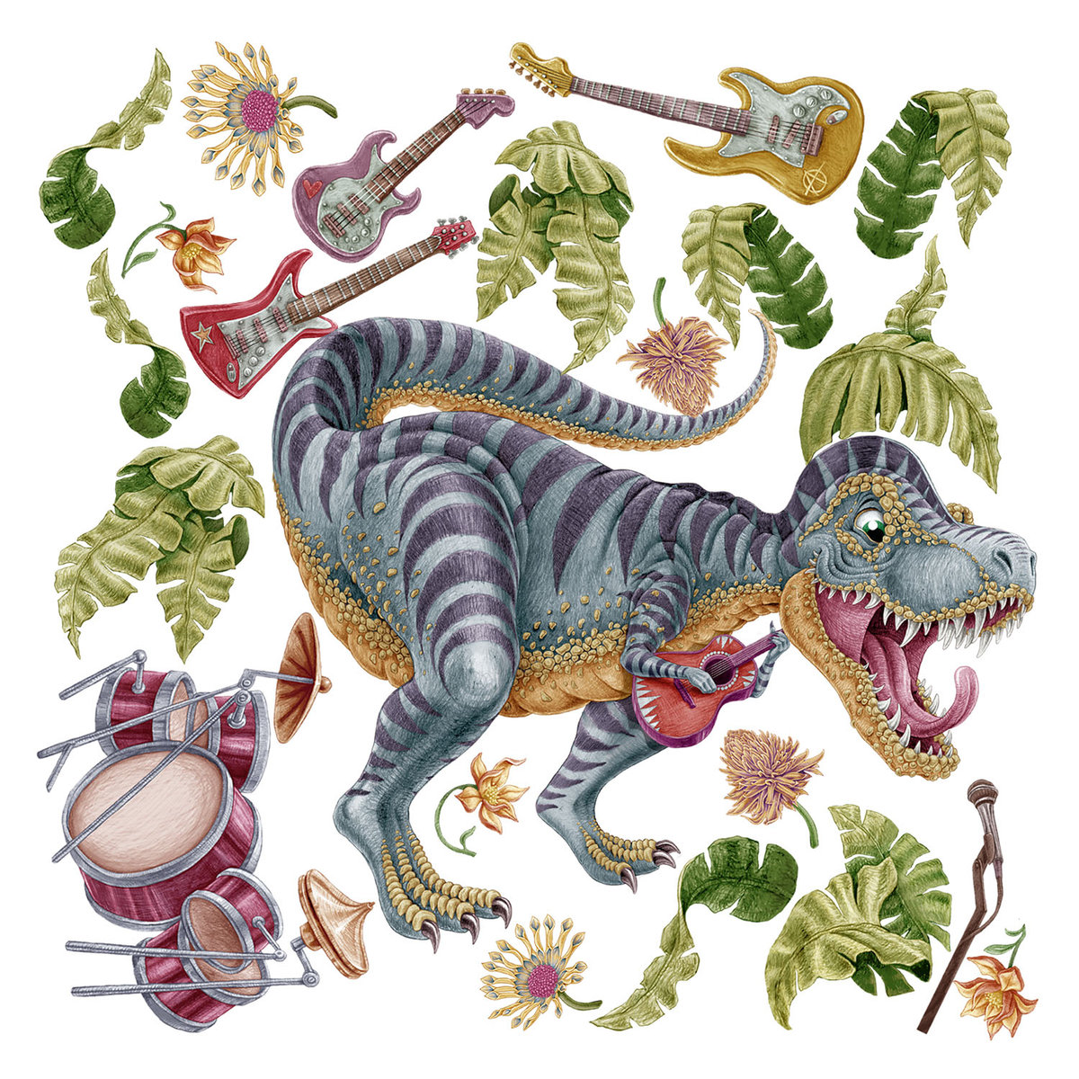 Dziecięce naklejki - Muzyczny rysunkowy dinozaur instrumenty liście i ...