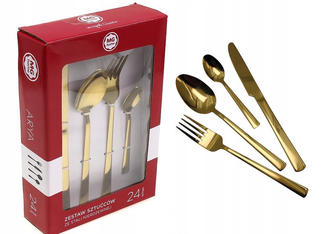 Ekskluzywne ZŁOTE sztućce zestaw 24 sztuk POŁYSK ARYA GOLD MG Home ...