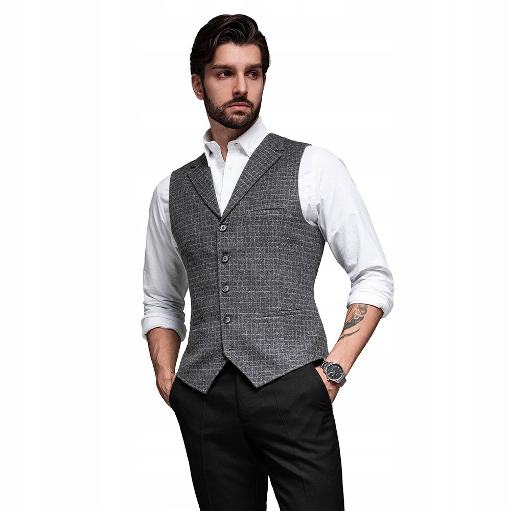 Elegancka kamizelka męska w kratkę z klapami czarna OM-BLZV-0110 V3 r ...