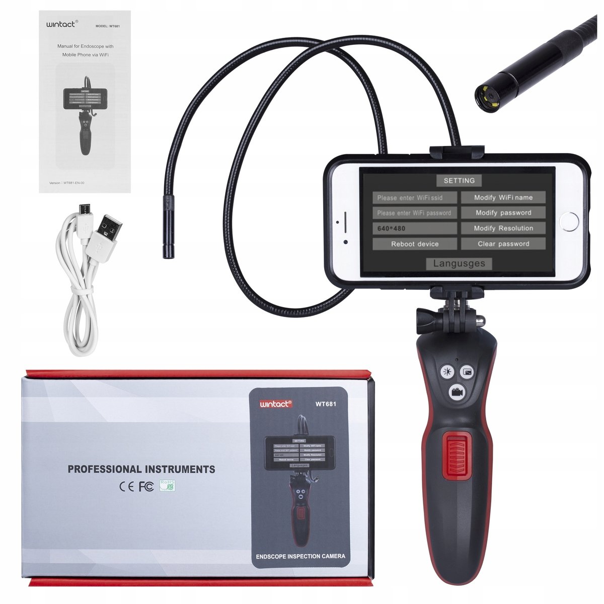 ENDOSKOP KAMERA INSPEKCYJNA 6LED WIFI USB IP67 FullHD 8,5mm Zestaw Końcówek - Wintact | Sklep ...