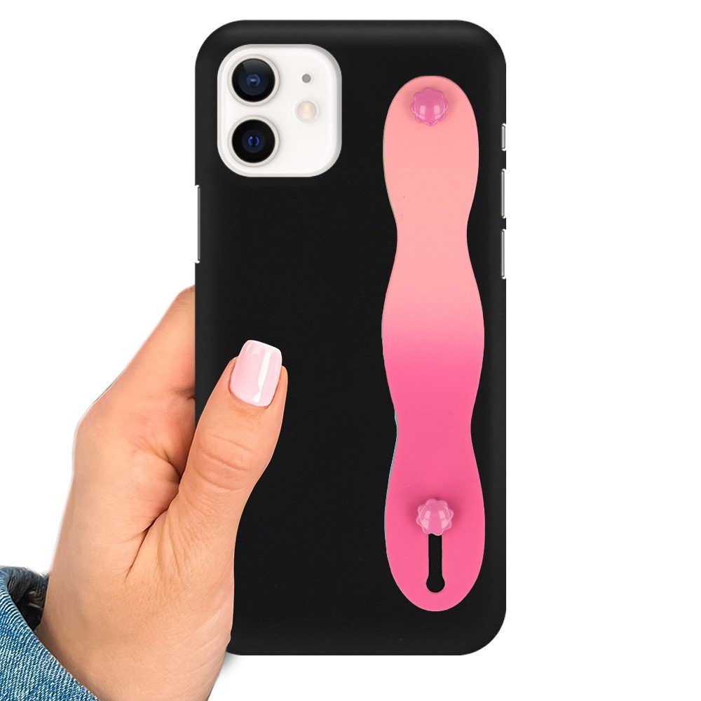 Etui MATOWE CZARNE do IPHONE 12 z PASKIEM OMBRE RÓŻOWY Smooth Uchwyt ...