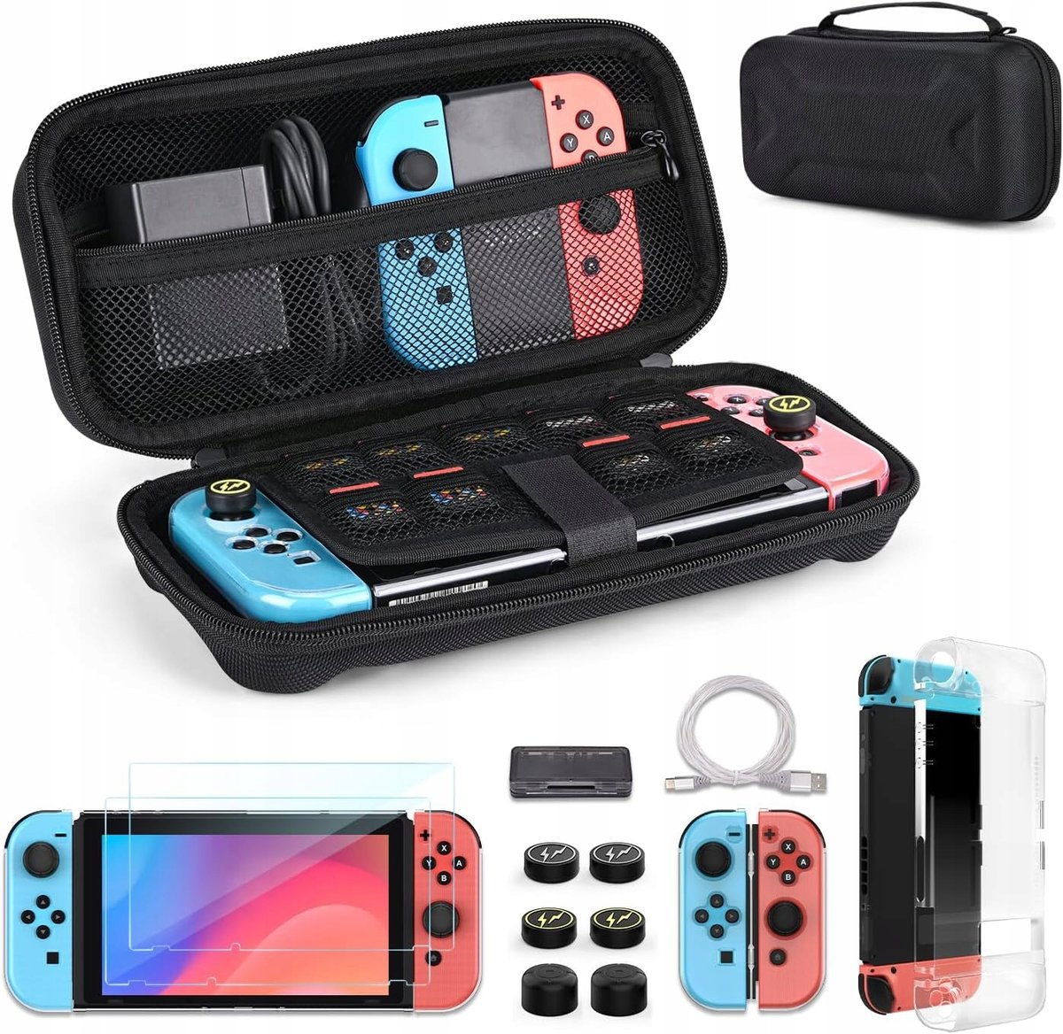 Etui Podróżne do Nintendo Switch 14w1 Czarne z Osłoną, Nakładkami ...