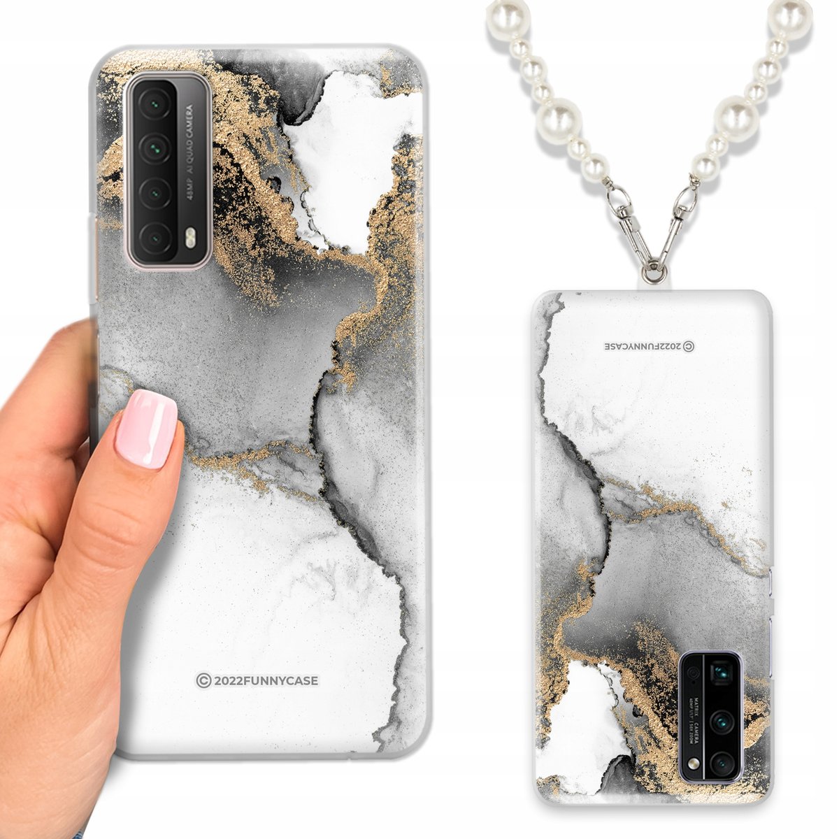 Etui QUICK ELEGANCKI do HUAWEI P SMART 2021 Perły Łańcuszek + MARMUR ...