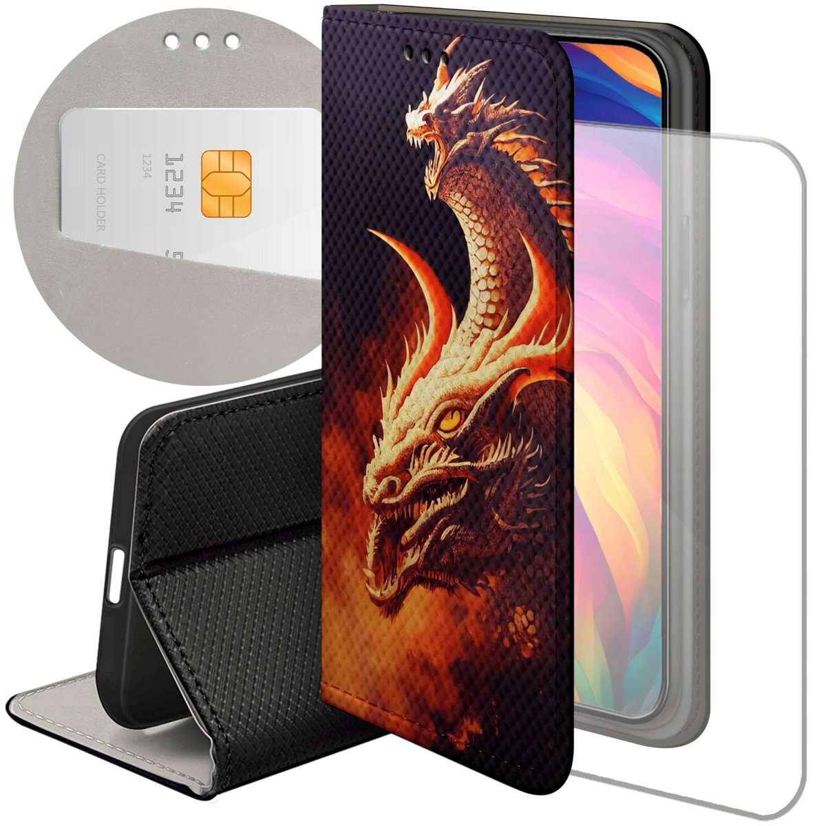 ETUI Z KLAPKĄ DO IPHONE 15 PRO MAX WZORY SMOKI DRAGON TANIEC SMOKÓW ...