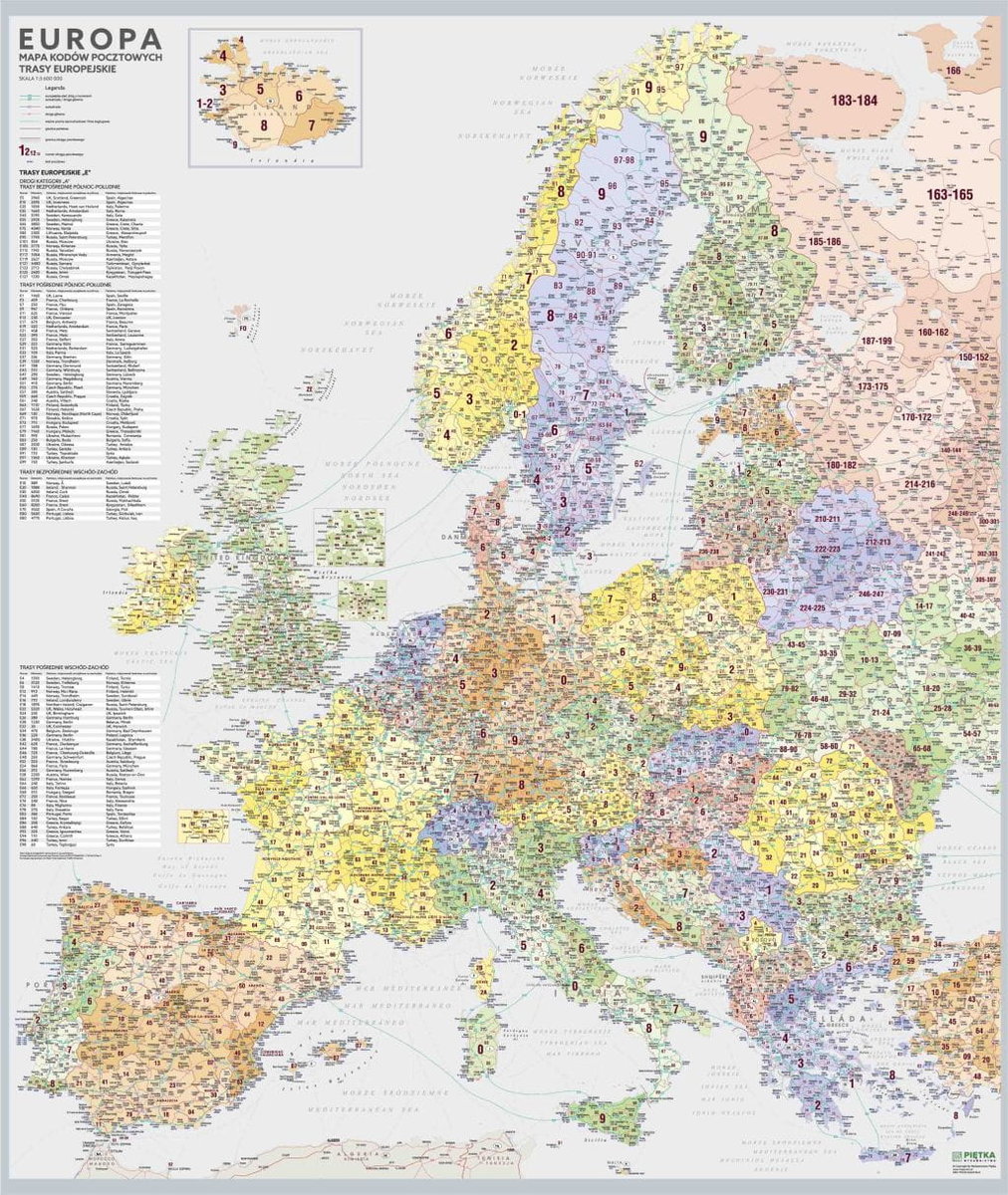 Europa kodowa 1:3 600 000. Mapa ścienna. Kody pocztowe. Wersja STRONG ...