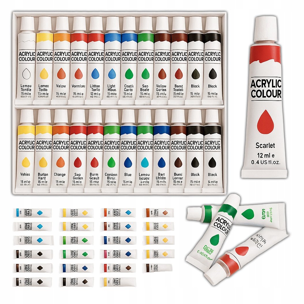 FARBY AKRYLOWE DUŻY ZESTAW FARB AKRYLOWYCH 24x12ml FARBA AKRYLOWA ...