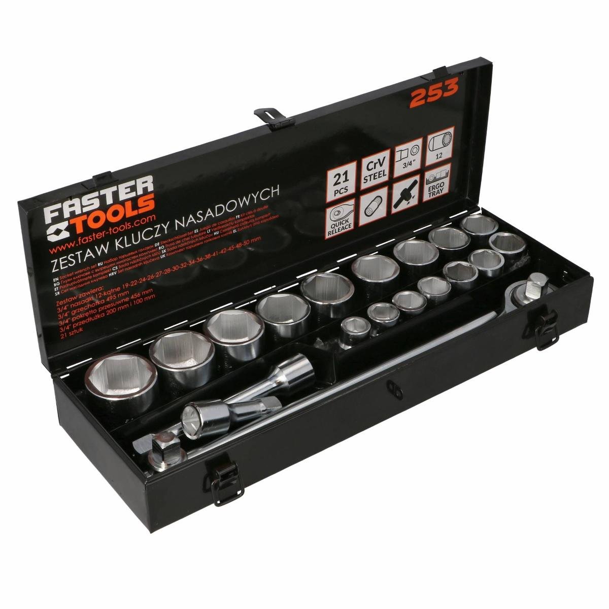FASTER TOOLS klucze nasadowe 20cz. 3/4" 19-50mm, 6-kątne - FASTER TOOLS | Sklep EMPIK.COM