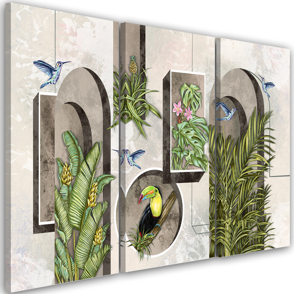 Feeby Obraz Tryptyk Na Płótnie, Feeby Kształty W Ścianie Z Roślinami I Ptakami Tukan Koliber ...