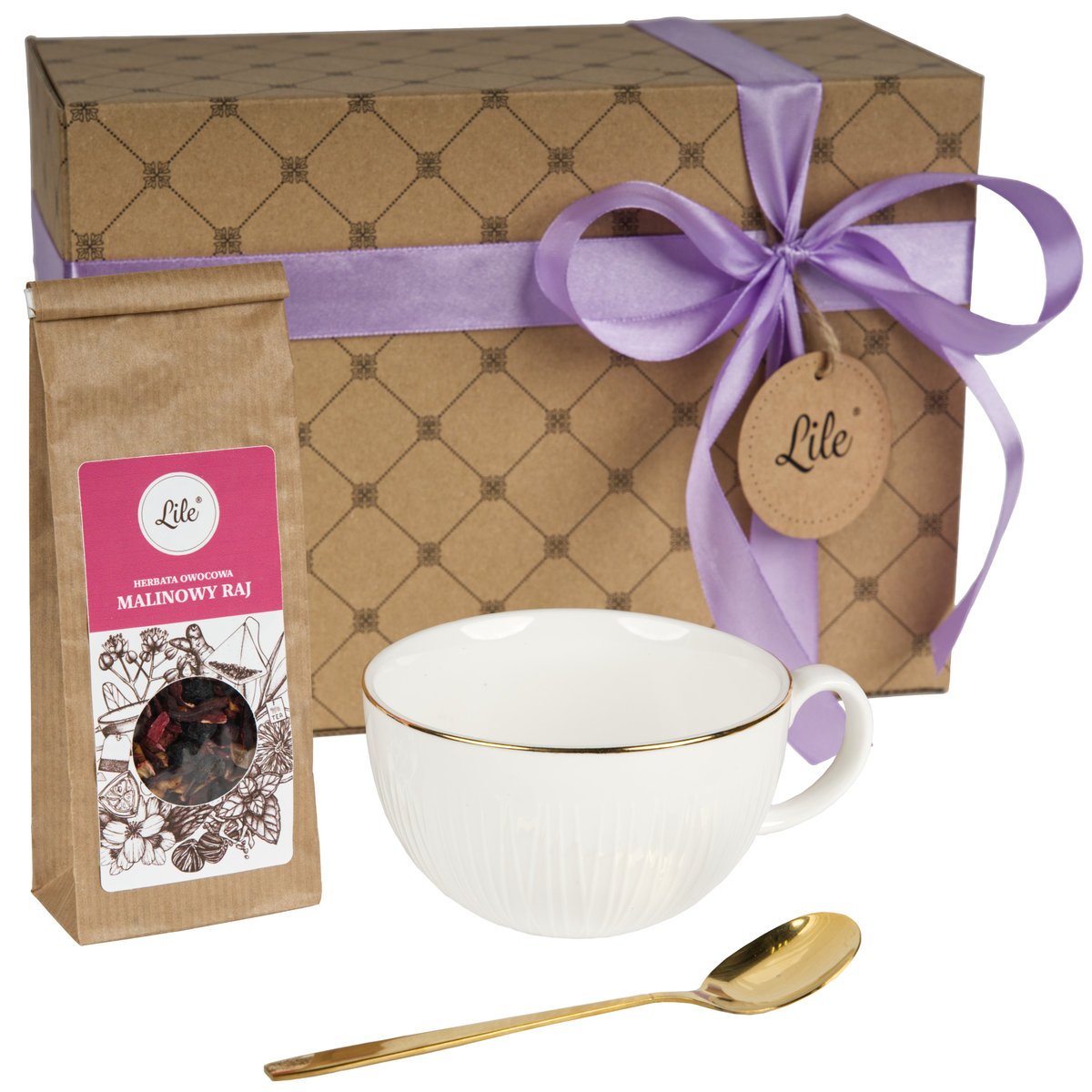 Filiżanka porcelanowa z łyżeczką i herbatą 300 ml Malinowy Raj zestaw ...