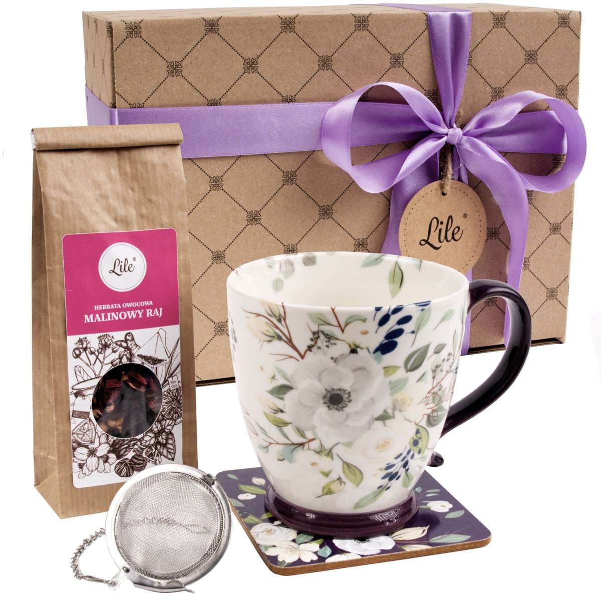 Filiżanka z zaparzaczem, podkładką i herbatą Malinowy Raj w pudełku ...