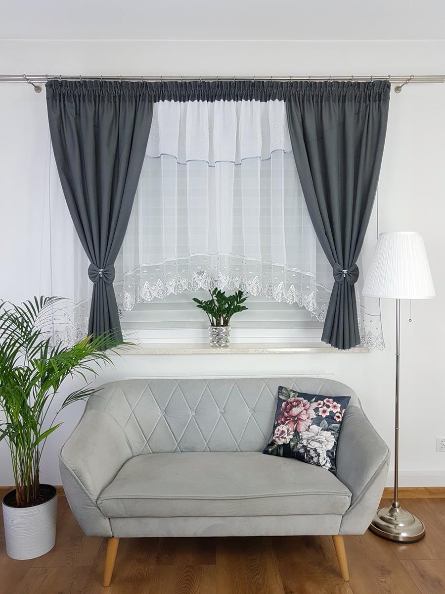 Firana gotowa z zasłonami ozdobiona lambrekinem- szara, firanki gotowe - Firany Gotowe Wyprzedaż ...