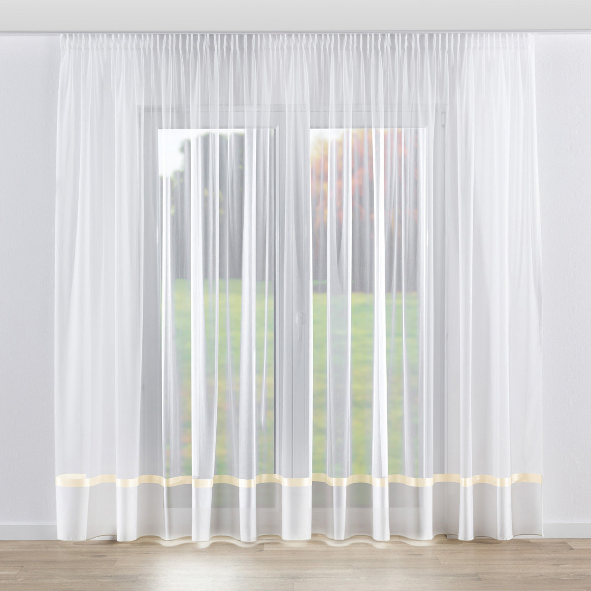 Firana na taśmie, ecru z satynowym złotym pasem na dole, Woale i firany ...