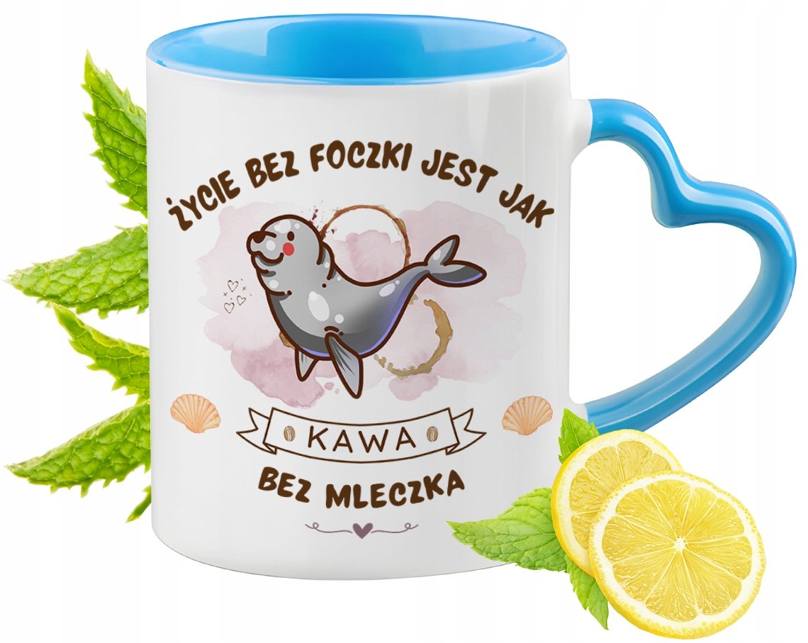 Foczka Foczki Foka Kubek Błękitny z Uszkiem w Kształcie Serca na ...