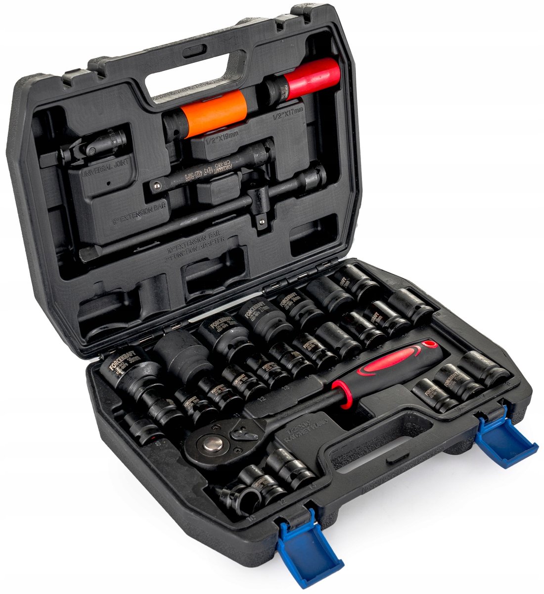 FORCEKRAFT ZESTAW KOMPLET NASADEK UDAROWYCH PRZEDŁUŻKI GRZECHOTKA W WALIZCE 32 EL. STAL CR-MO ...