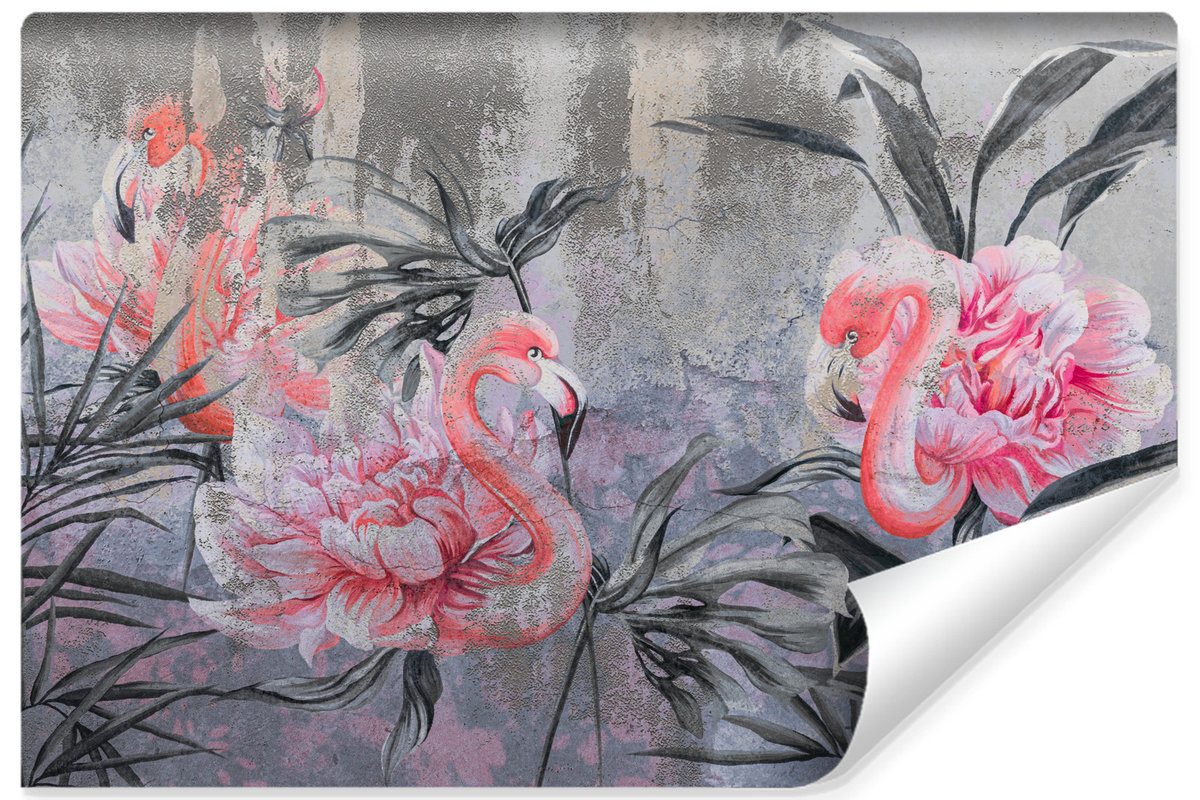 Fototapeta Do Salonu Liście Kwiaty FLAMINGI Ptaki Beton Abstrakcja 300cm x 210cm - Muralo ...