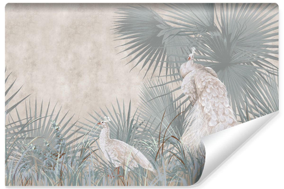 Fototapeta Do Sypialni Białe Pawie Ptaki Natura Liście Tropikalne Retro 315cm X 210cm - Muralo ...