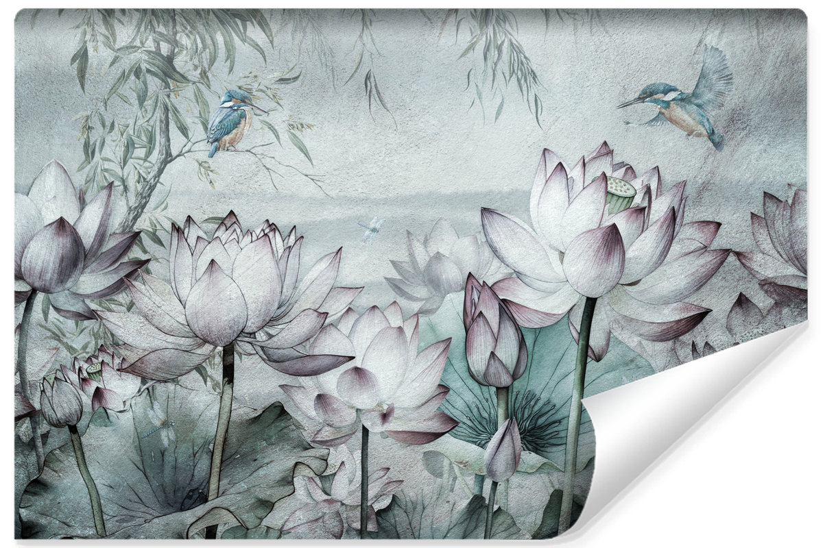 Fototapeta Do Sypialni Ptaki Kwiaty Lotosu Rośliny Beton Vintage 315cm X 210cm - Muralo | Sklep ...