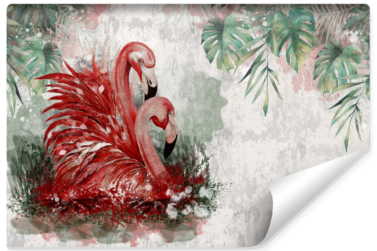 Fototapeta Ścienna Akwarelowe Flamingi Liście Tropikalne Beton Mur 300cm X 210cm - Muralo ...
