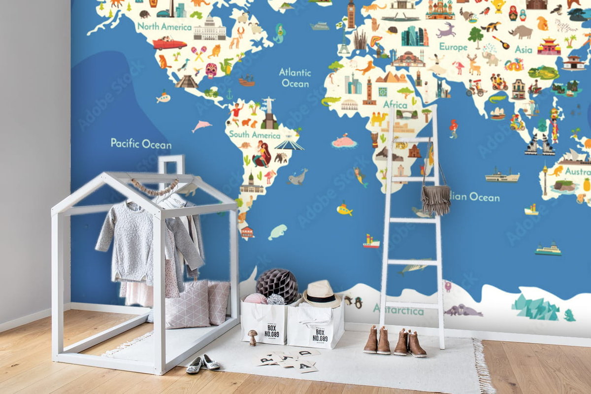 Fototapeta tapeta z mapą świata na ścianę dla dzieci kolorowe zwierzątka wz4 - Inna marka ...