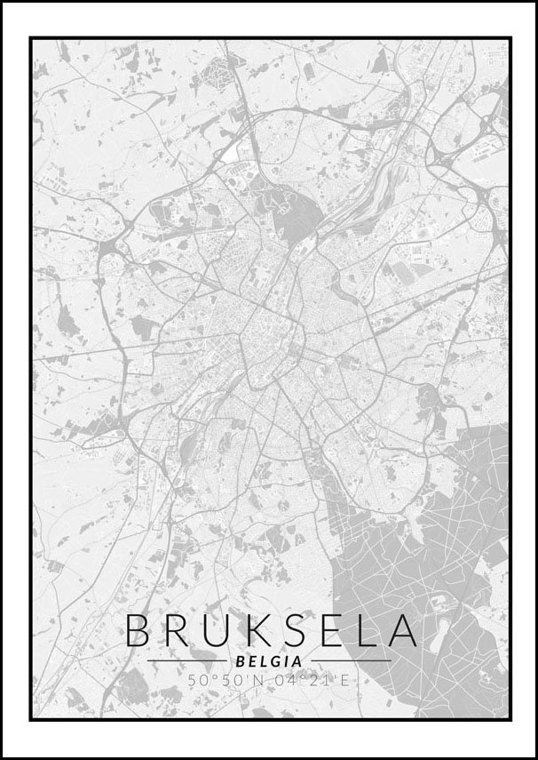 Galeria Plakatu, Plakat, Bruksela Mapa Czarno Biała, 40x50 cm - Galeria ...