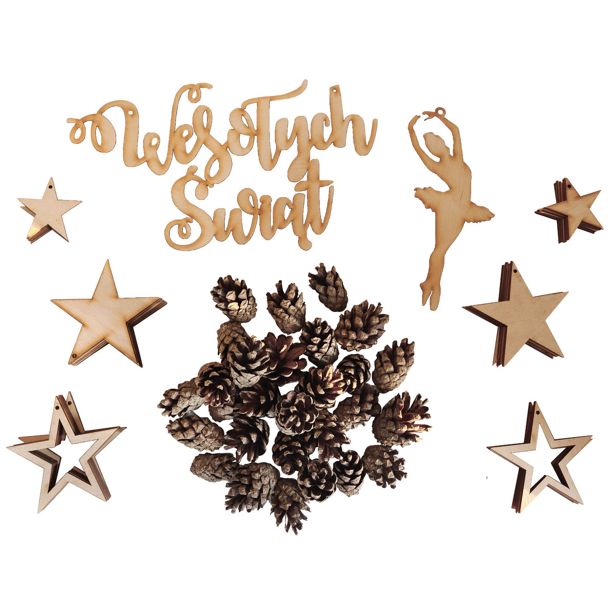 Garden-Garden, 33 X Drewniane Zawieszki Na Choinkę Gwiazdki Szyszki Balerina Napis Wesołych ...