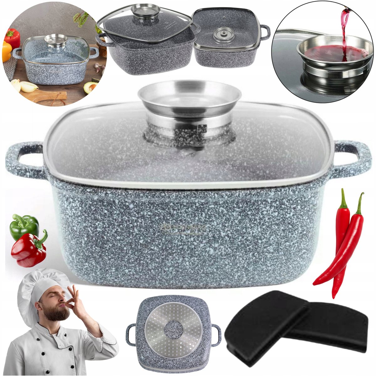 GARNEK MARMUROWY 22cm 3.7L + ŁAPKI Garnek KWADRATOWY DO ZAPIEKANIA INDUKCJA - Edenberg | Sklep ...