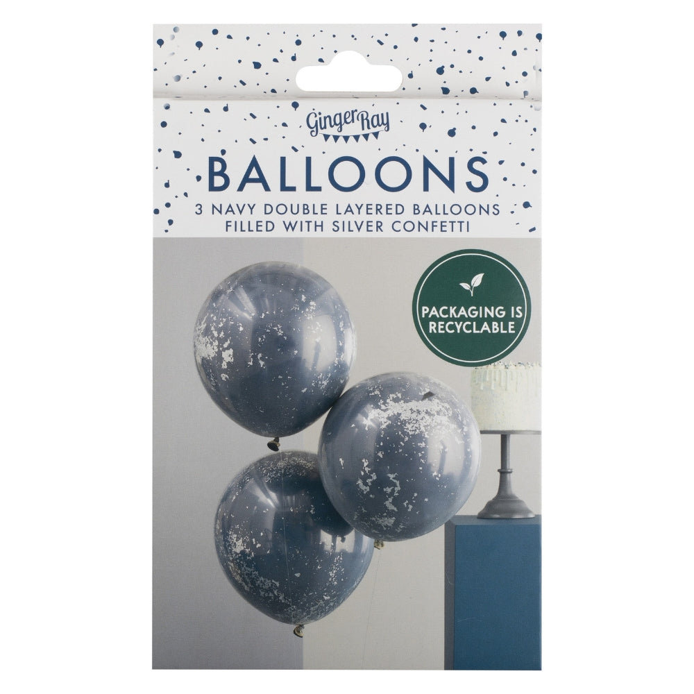 Gingerray balony lateksowe Double Layered Navy and Silver Confetti ...