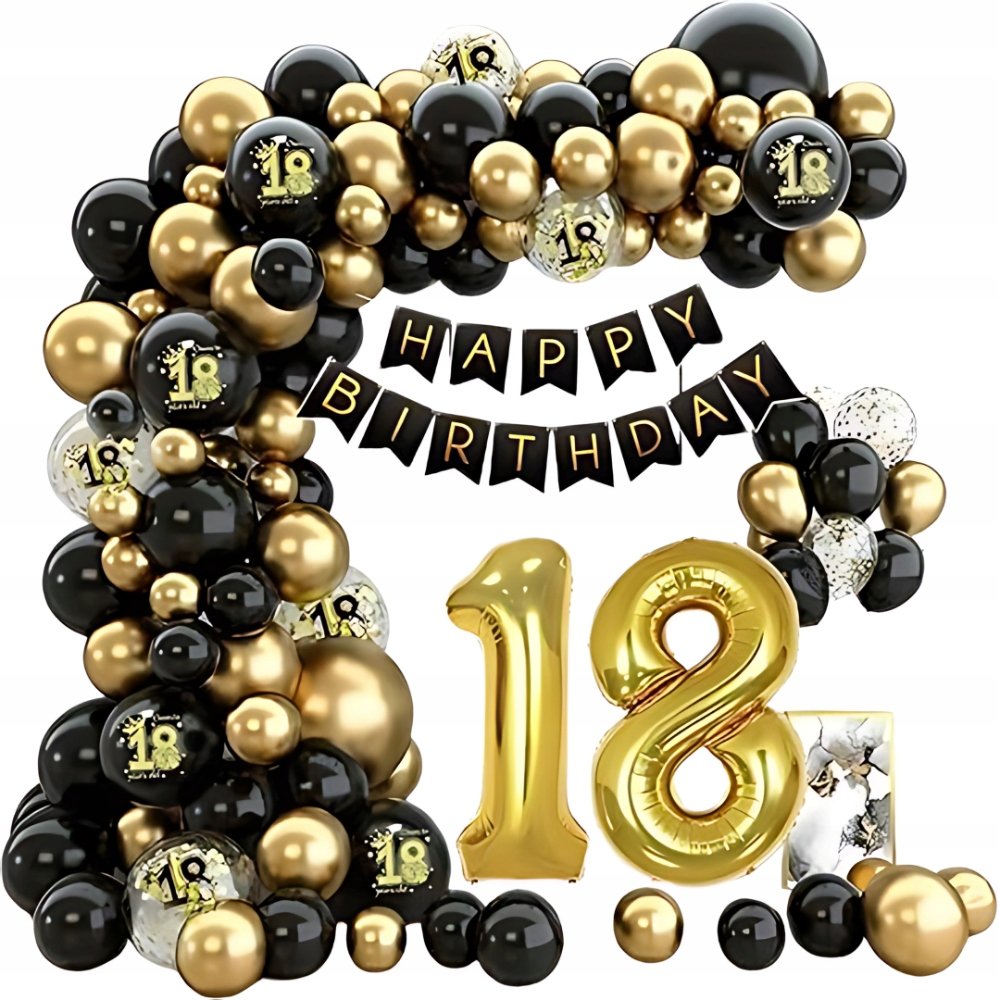 GIRLANDA BALONOWA NA 18 ZESTAW BALONY ZŁOTE KONFETTI TAŚMA KLEJ 88el BL-08 - Zakręcony Koszyk ...