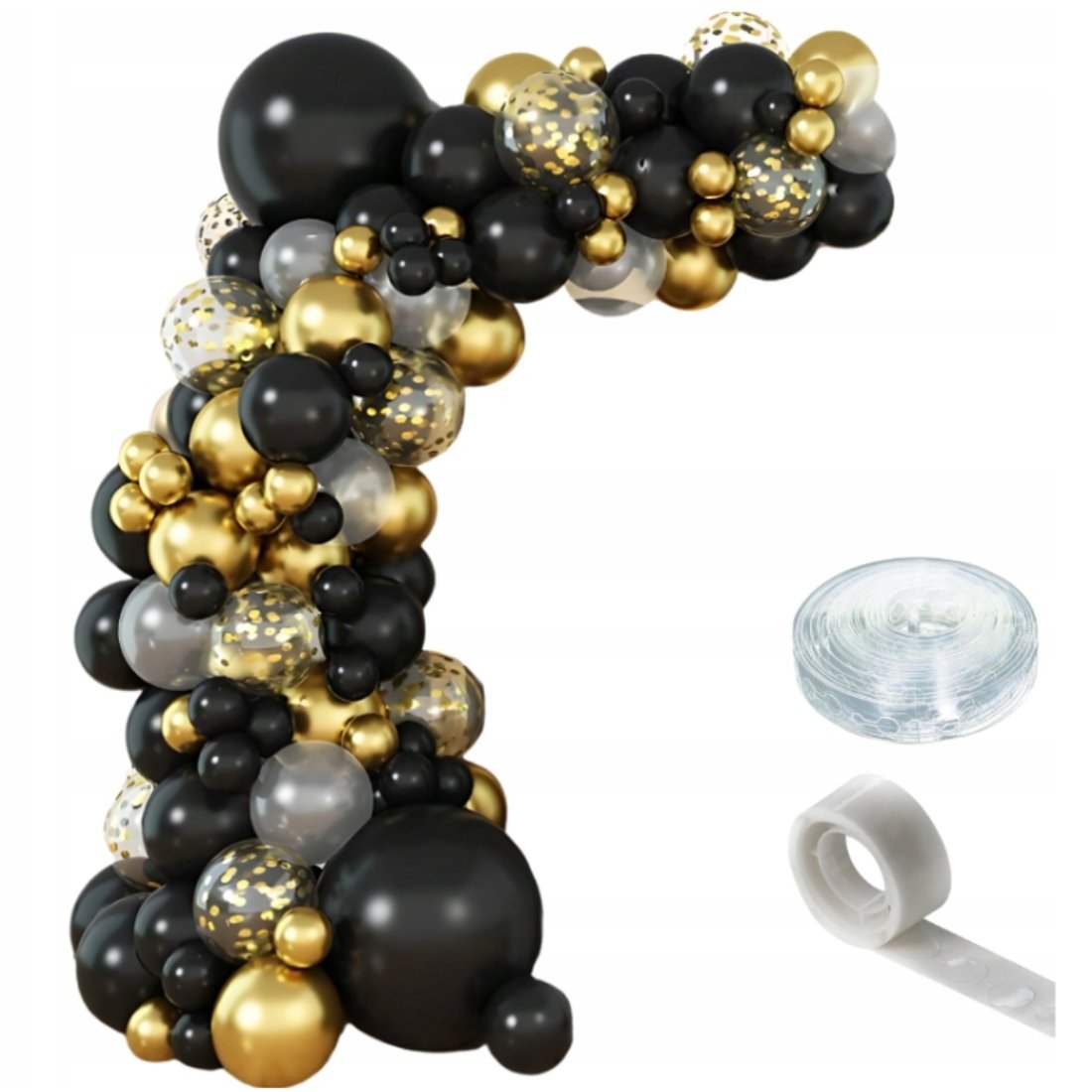 GIRLANDA BALONOWA ZESTAW BALONY CZARNO ZŁOTE WSTĄŻKA TAŚMA KLEJ 105el - Zakręcony Koszyk ...