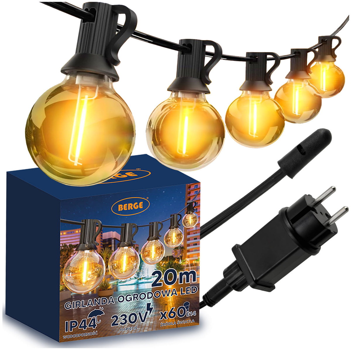 Girlanda Ogrodowa Łańcuch Świetlny Led 20M 60X Żarówek Zewnętrzna G40 ...