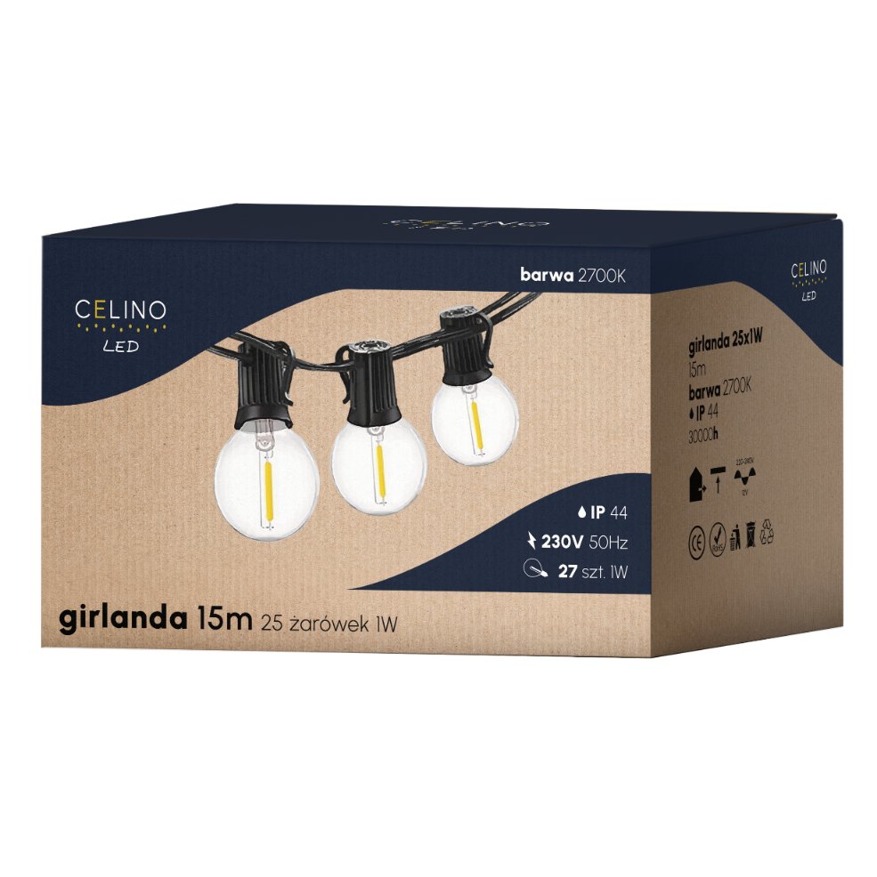 GIRLANDA OGRODOWA LED ŁAŃCUCH ŚWIETLNY 15M 25 x ŻARÓWEK G40 1W ...