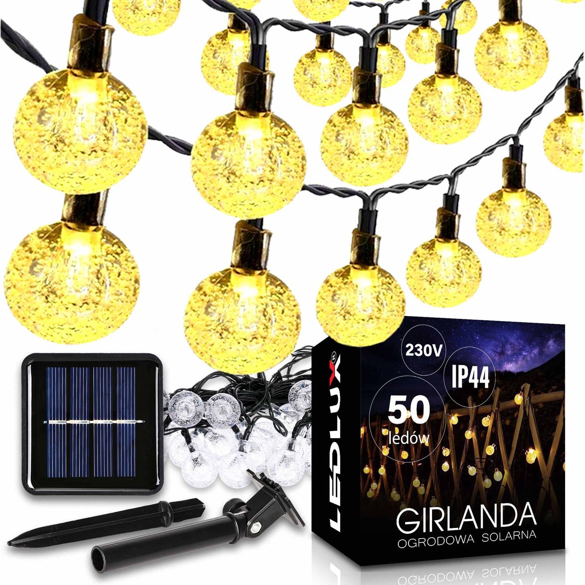 Girlanda Ogrodowa Solarna Świetlna Lampki Ogrodowe Łańcuch 13m 50 LED Kule - LEDLUX | Sklep ...