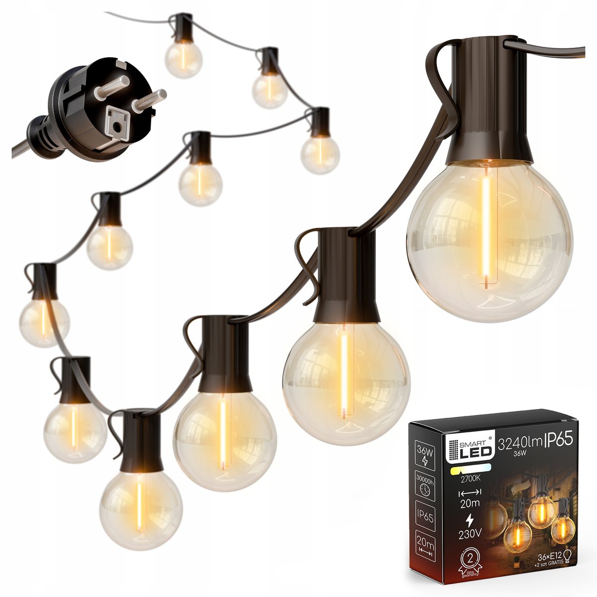Girlanda Ogrodowa Świetlna 20M 36X Żarówka LED 1W Łańcuch +2X E12 ...