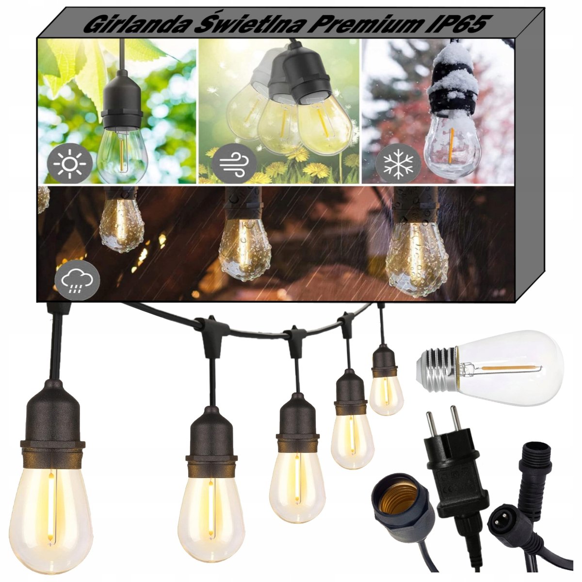 GIRLANDA OGRODOWA ŚWIETLNA 20M lampki led zewnętrzne + 20x ŻARÓWKA LED ...